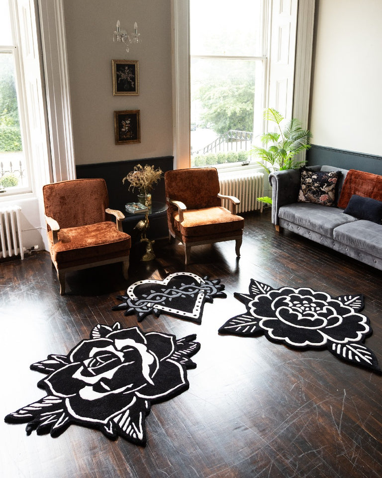 Blackwork Rose Rug - Gothic Floral Decor – Inked Rugs